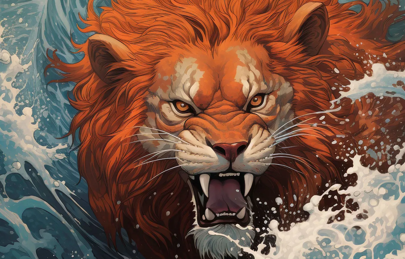 Wallpaper look, face, water, squirt, predator, Leo, fangs, grin for ...