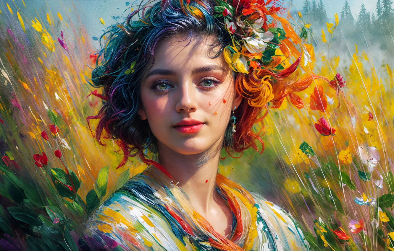 Wallpaper girl, flowers, nature, pose, imitation painting, AI art ...