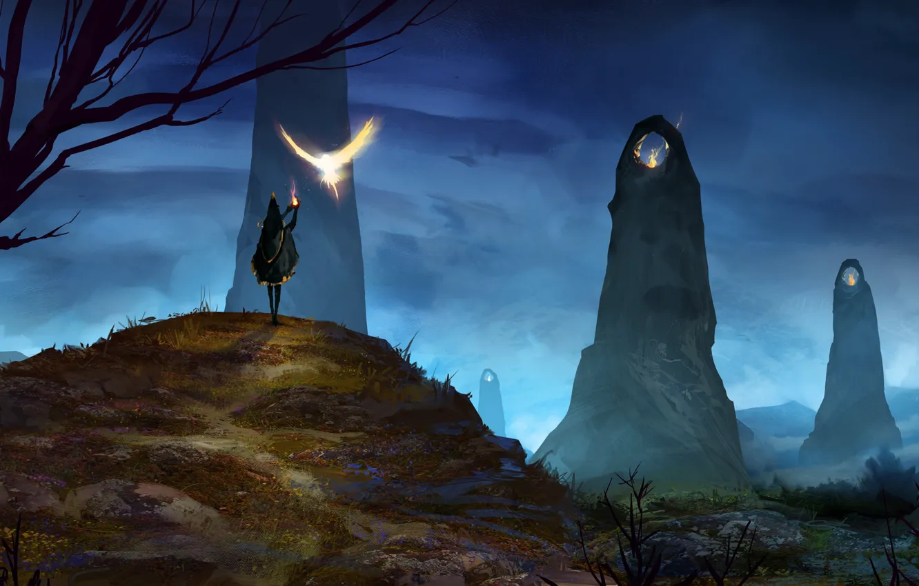 Wallpaper stones, bird, magic, people, wings, fantasy, art for mobile ...