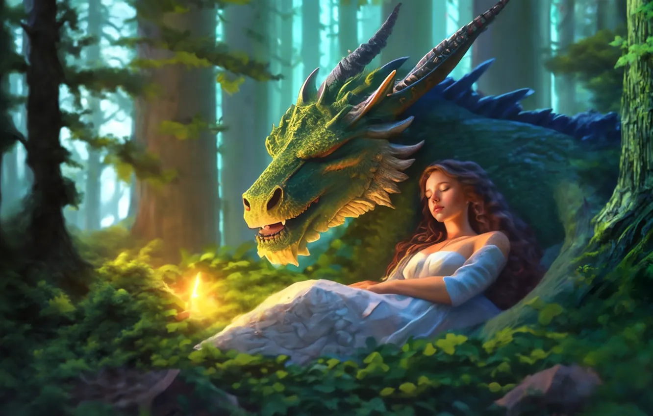 Wallpaper forest, girl, light, landscape, nature, lights, dragon ...