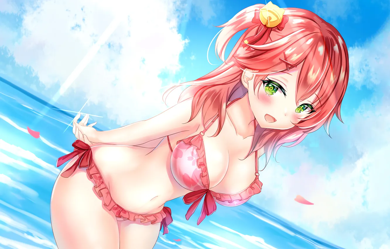 Wallpaper girl, sexy, cleavage, beach, pink hair, green eyes, long hair, sea for mobile and ...