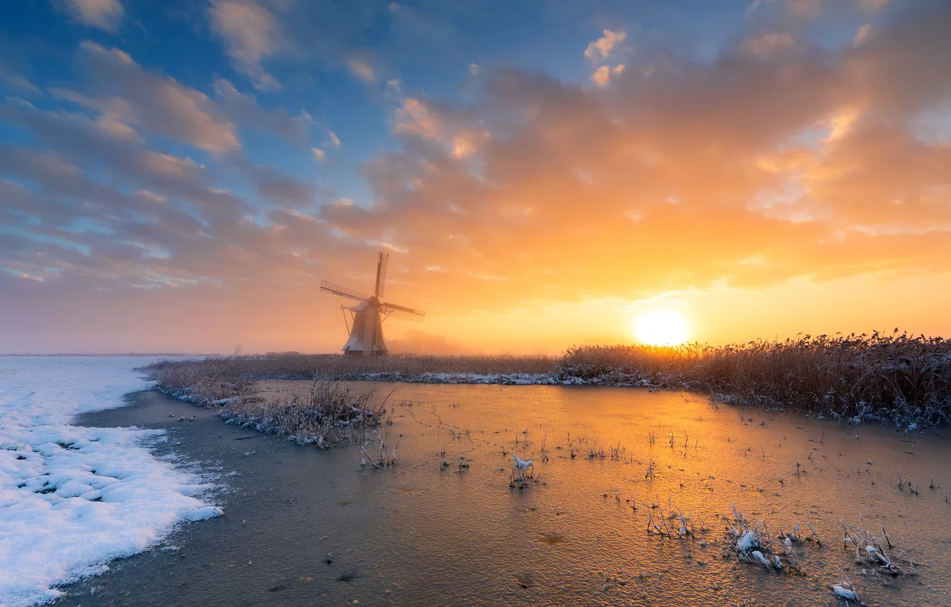 Wallpaper winter, sunset, mill for mobile and desktop, section пейзажи ...