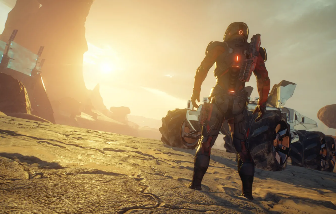 Wallpaper sunset, the main character, nomad, Mass Effect Andromeda ...