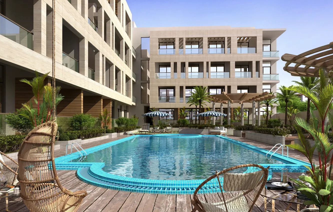 Wallpaper pool, structure, complex, MODERN APARTMENT, POOL WITH OPEN ...
