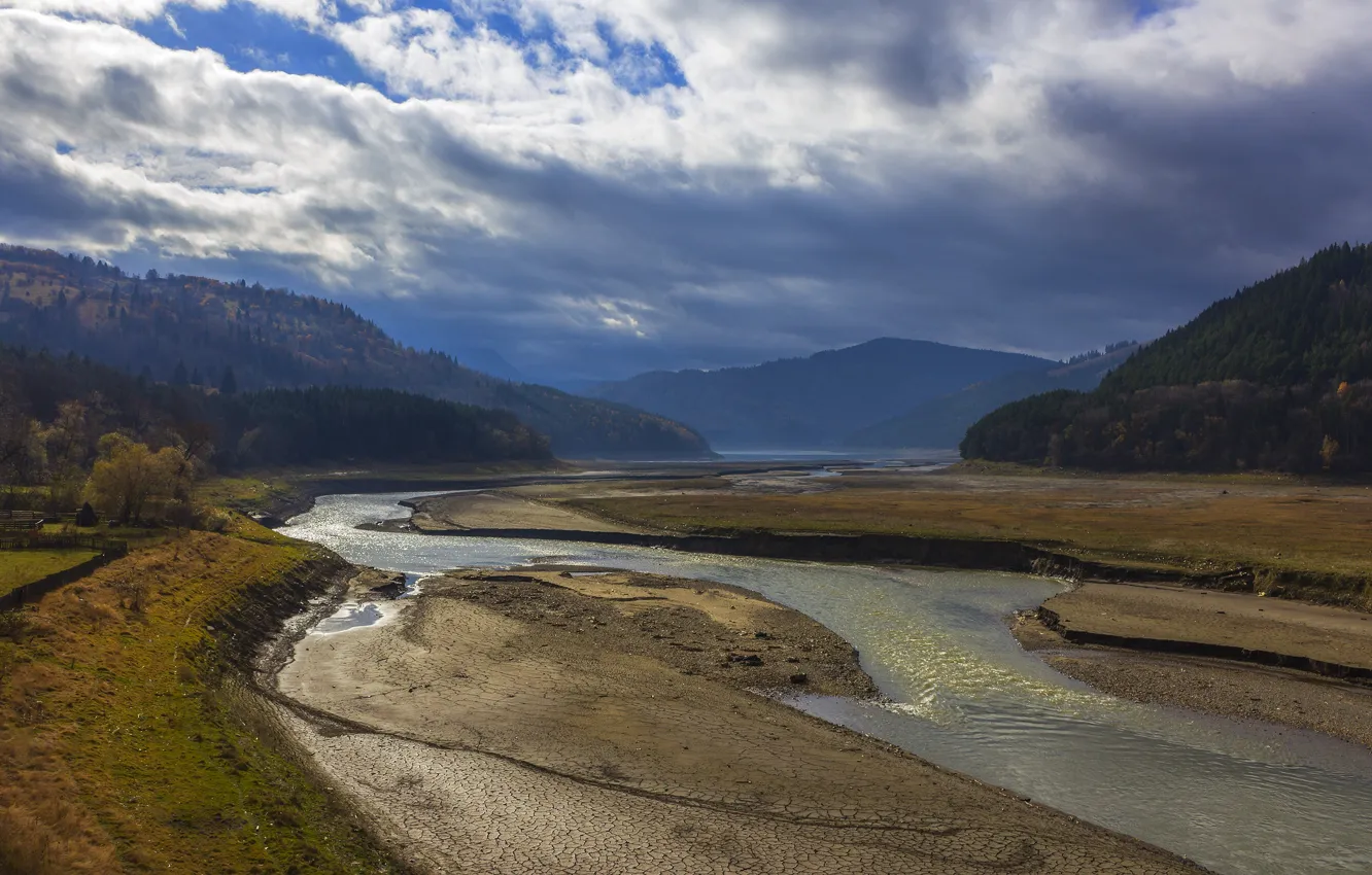 Wallpaper forest, the sky, clouds, mountains, river, shore, Fissures ...