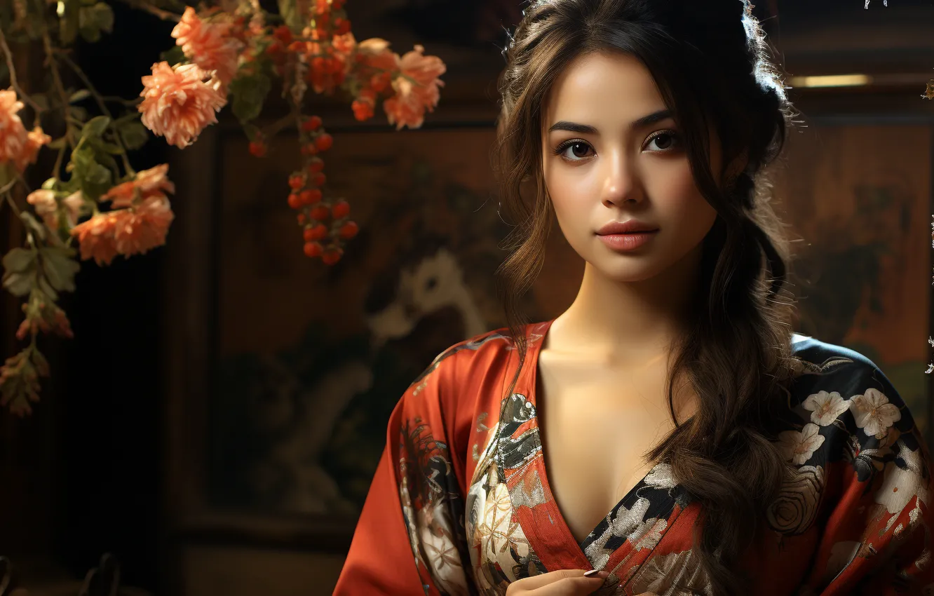 Wallpaper look, girl, pose, portrait, makeup, Asian, AI art, neural ...