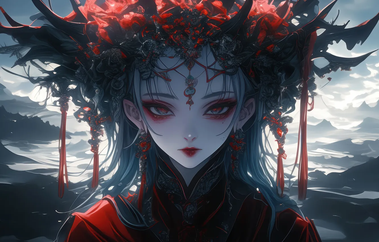 Wallpaper demon, girl, devil, anime, mountains, face, horn, anime girl ...