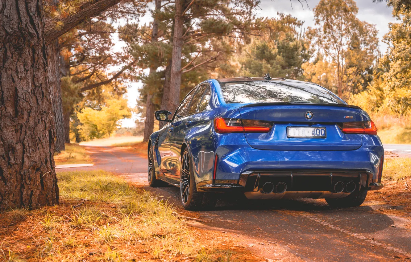 Wallpaper BMW, Blue, Autumn, BMW M3, Road, Forest, Rear, G80 for mobile ...