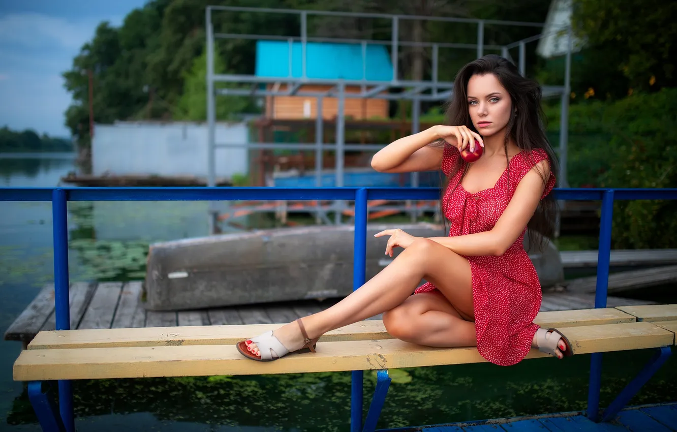 Wallpaper look, girl, bench, pose, apples, legs, red dress, Dmitry Shulgin for mobile and ...