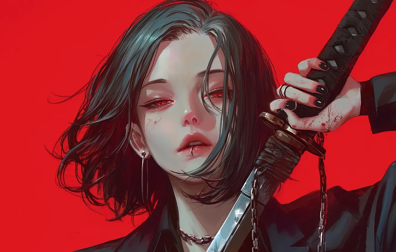 Wallpaper girl, anime, red eyes, katana, face, red background, anime ...