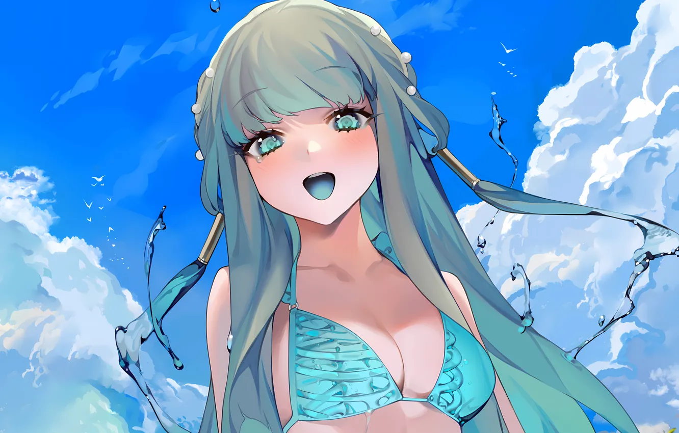 Wallpaper Girl Sexy Cleavage Sky Green Eyes Long Hair Boobs