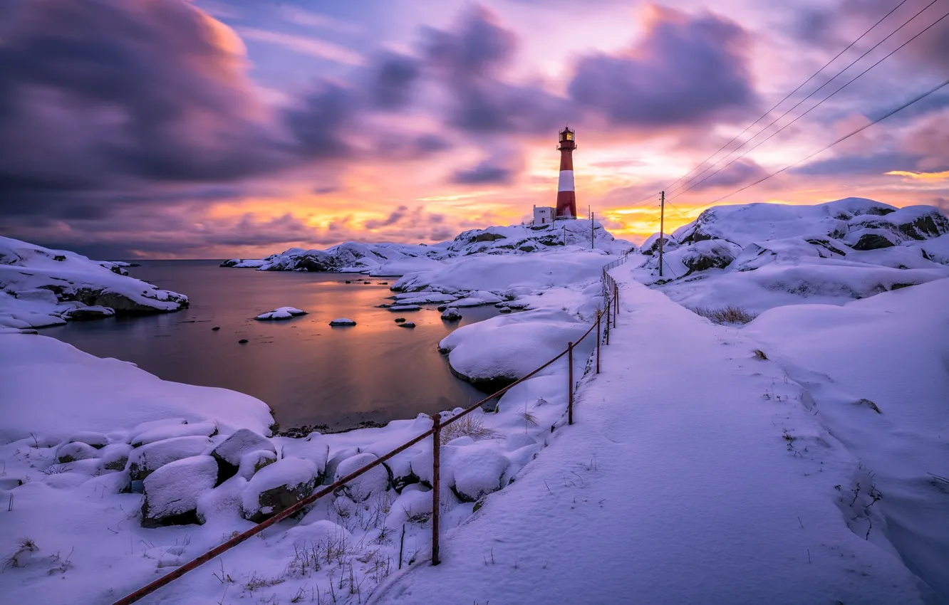 Wallpaper winter, sunset, lighthouse for mobile and desktop, section ...