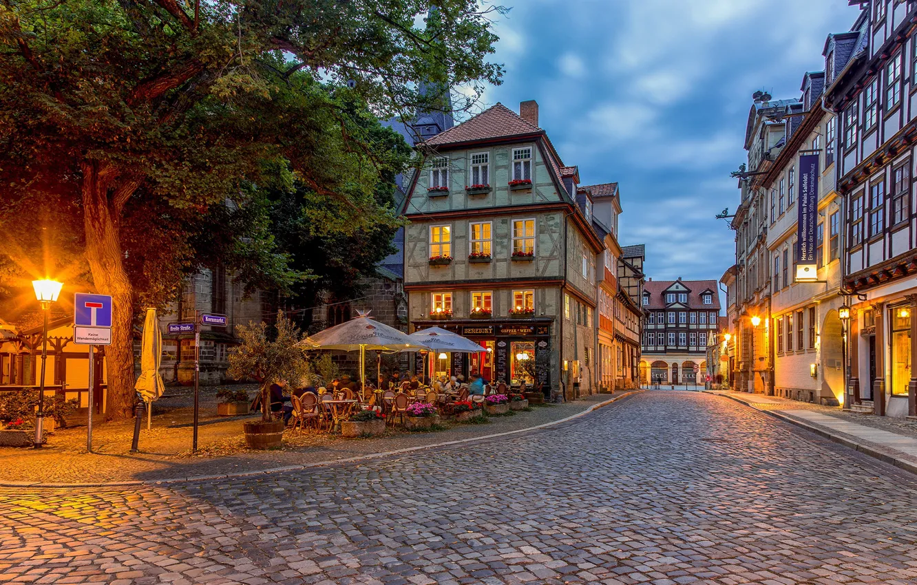 Wallpaper street, building, the evening, Germany, lights, cafe ...