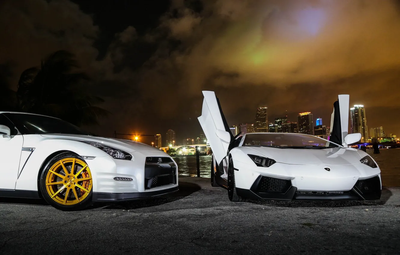 Wallpaper white, night, lights, nissan, white, lamborghini, Nissan, gt ...