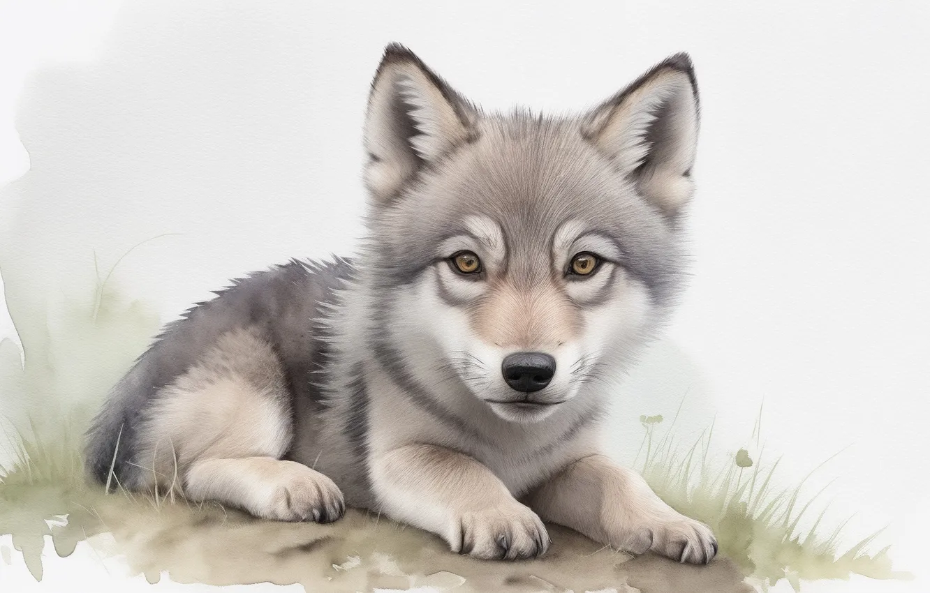 Wallpaper grey, animal, sweetheart, figure, wolf, fluffy, watercolor ...