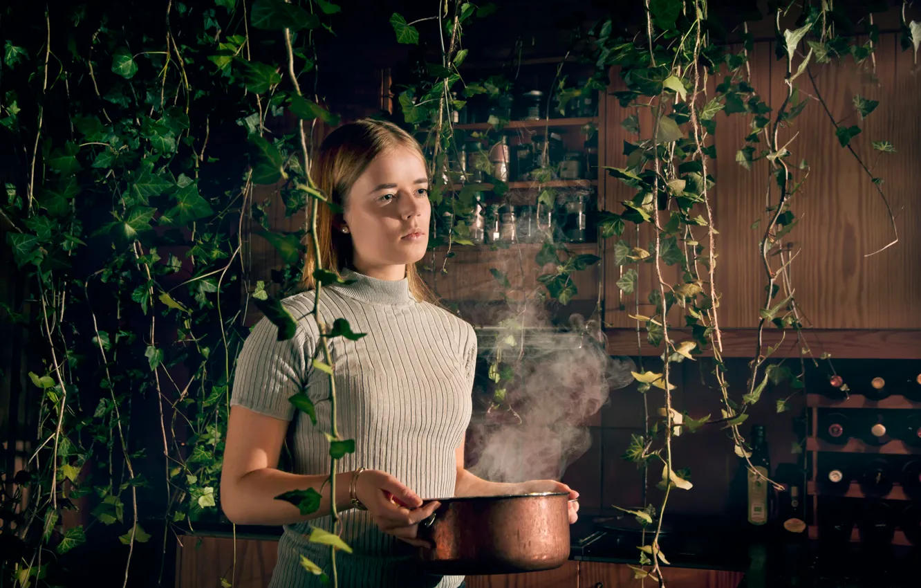 Wallpaper plants, kitchen, pan, ivy, housewife for mobile and desktop ...