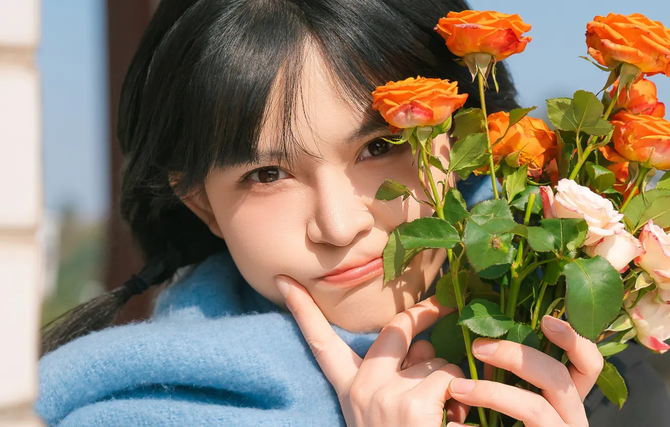 Wallpaper Beautiful, Asian, Model, Flowers, Roses, Woman, Bouquet, Cute ...