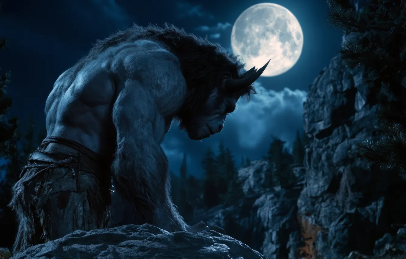 Wallpaper night, rocks, the moon, horns, monster, the full moon, the ...