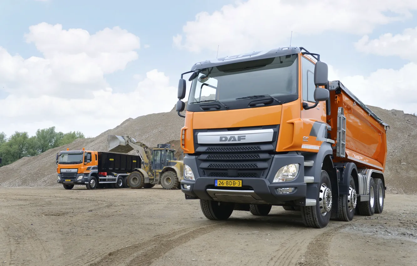 Wallpaper orange, DAF, DAF, dump truck, loading, machinery, 8x4, Euro6 ...