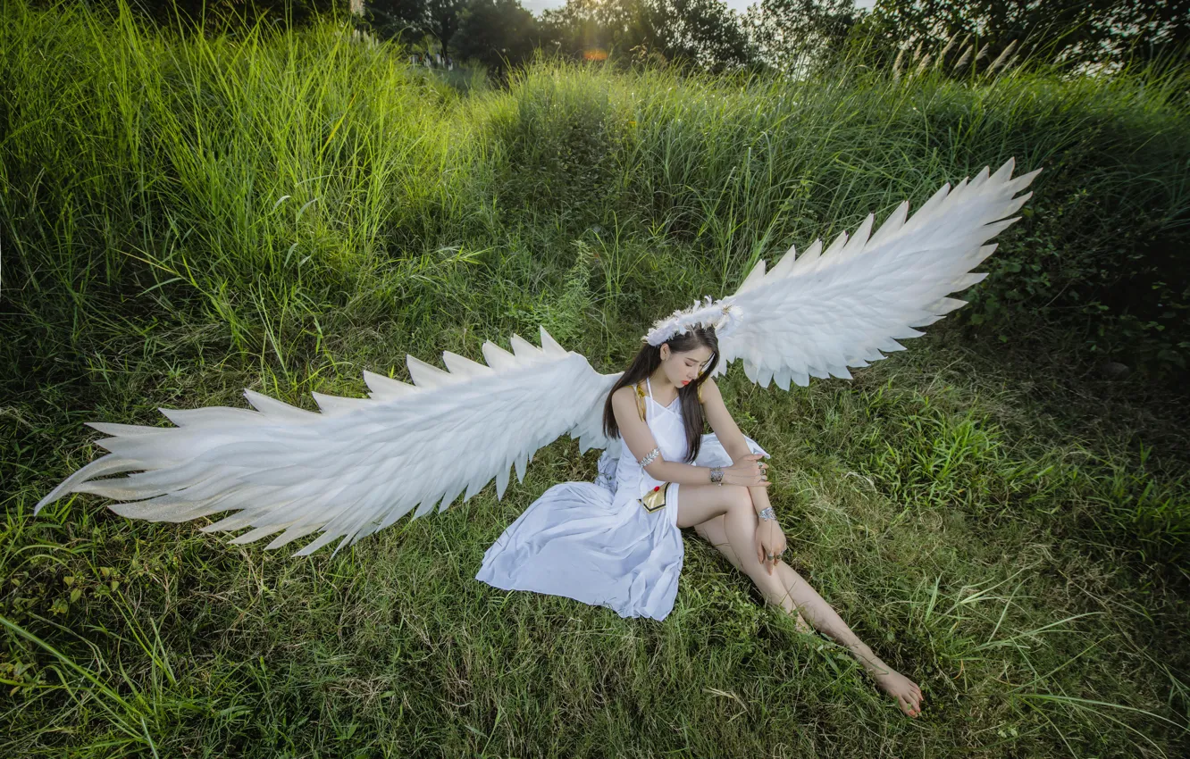 Wallpaper girl, nature, face, pose, wings, angel, makeup, Asian for ...