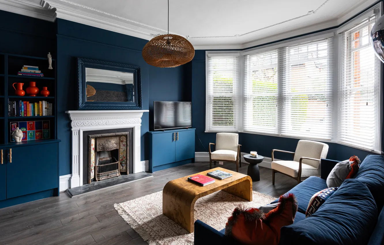 Wallpaper design, style, fireplace, library, upholstered furniture, Bay ...