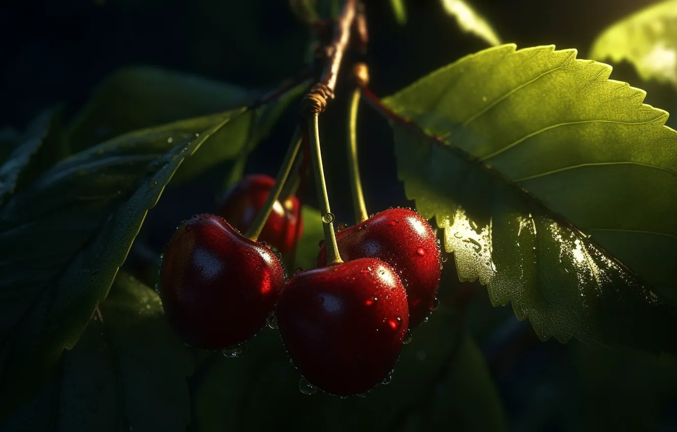 Wallpaper leaves, drops, light, cherry, berries, cherry, AI art, neural ...