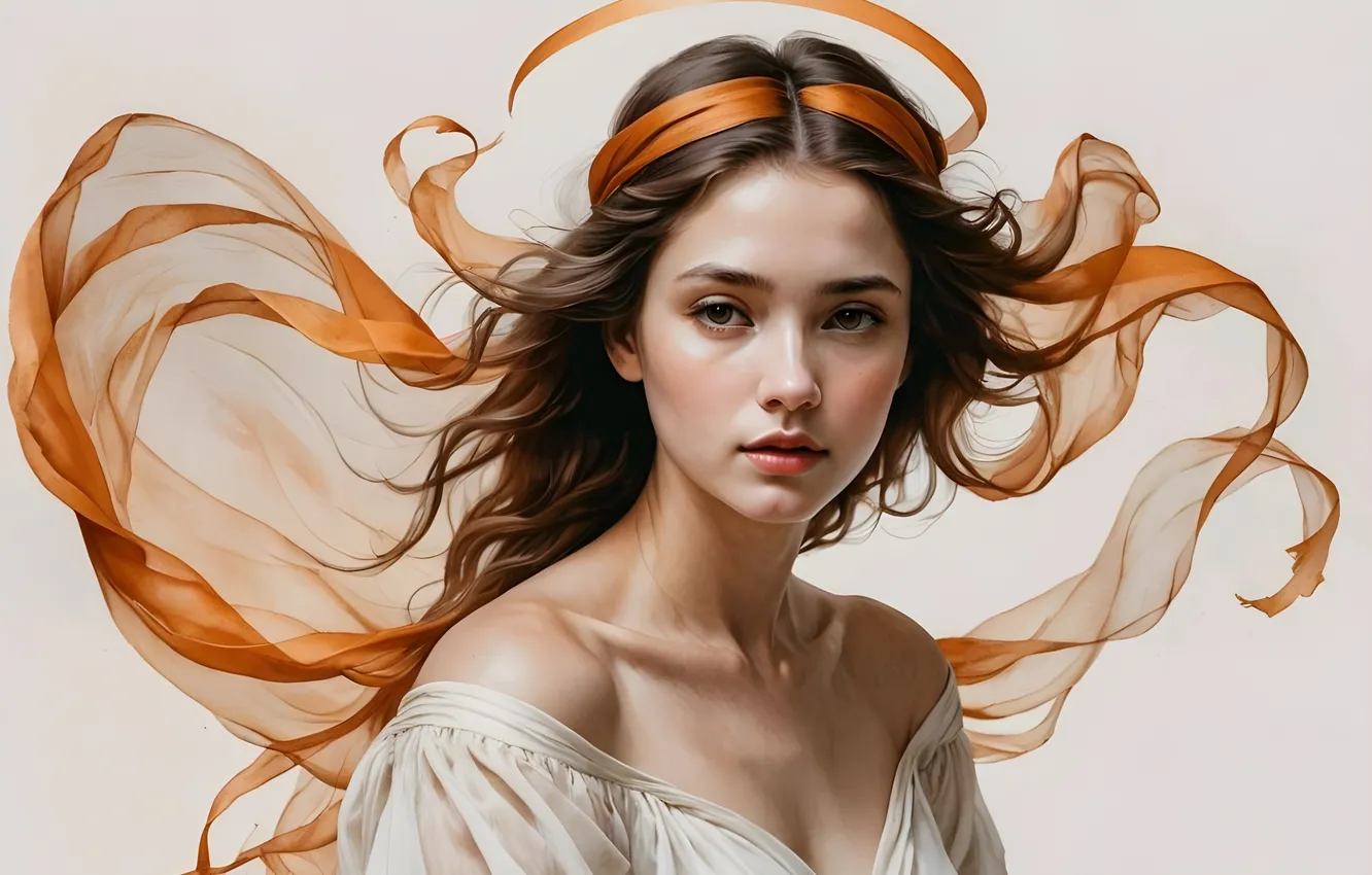 Wallpaper look, girl, face, pose, portrait, brown hair, light background, imitation painting for ...