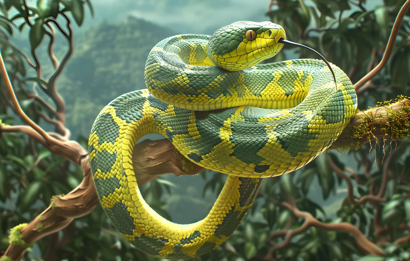 Wallpaper language, leaves, trees, branches, animal, snake, jungle, art ...