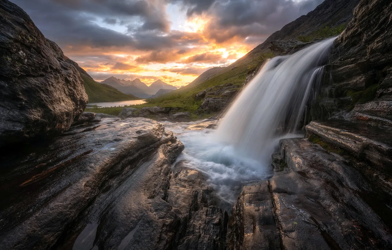 Wallpaper sunset, river, waterfall for mobile and desktop, section ...