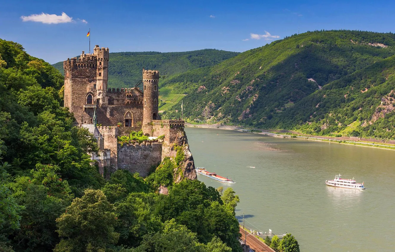 Wallpaper river, castle, hills, Germany, fortress, Rhine, Rheinstein ...