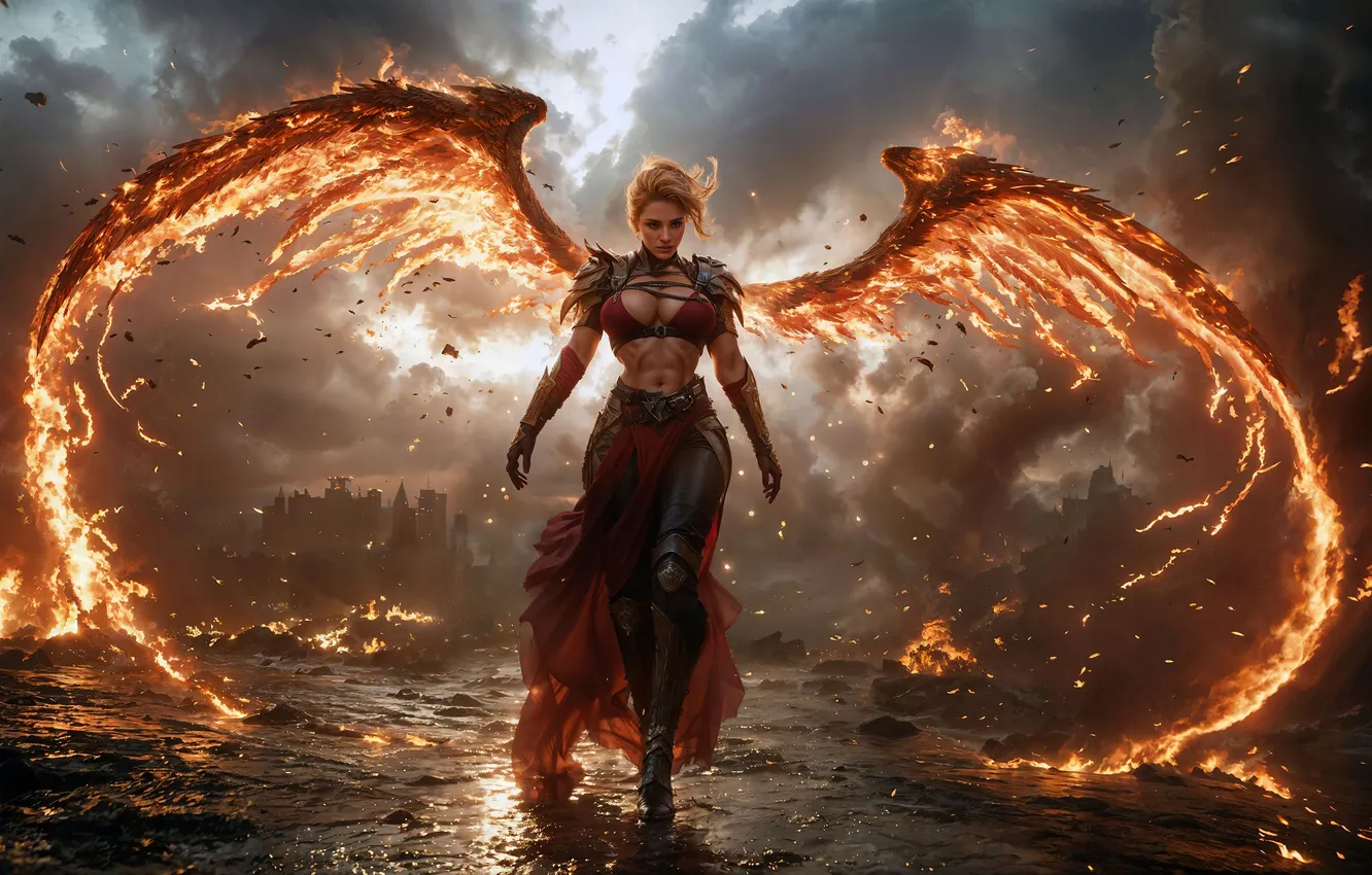 Wallpaper girl, lights, wings, blonde, fire, flame, wings, women for ...