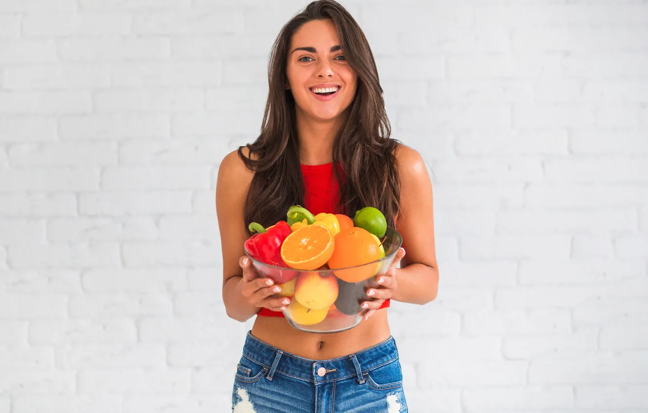 Wallpaper look, girl, joy, pose, smile, wall, brick, jeans for mobile ...