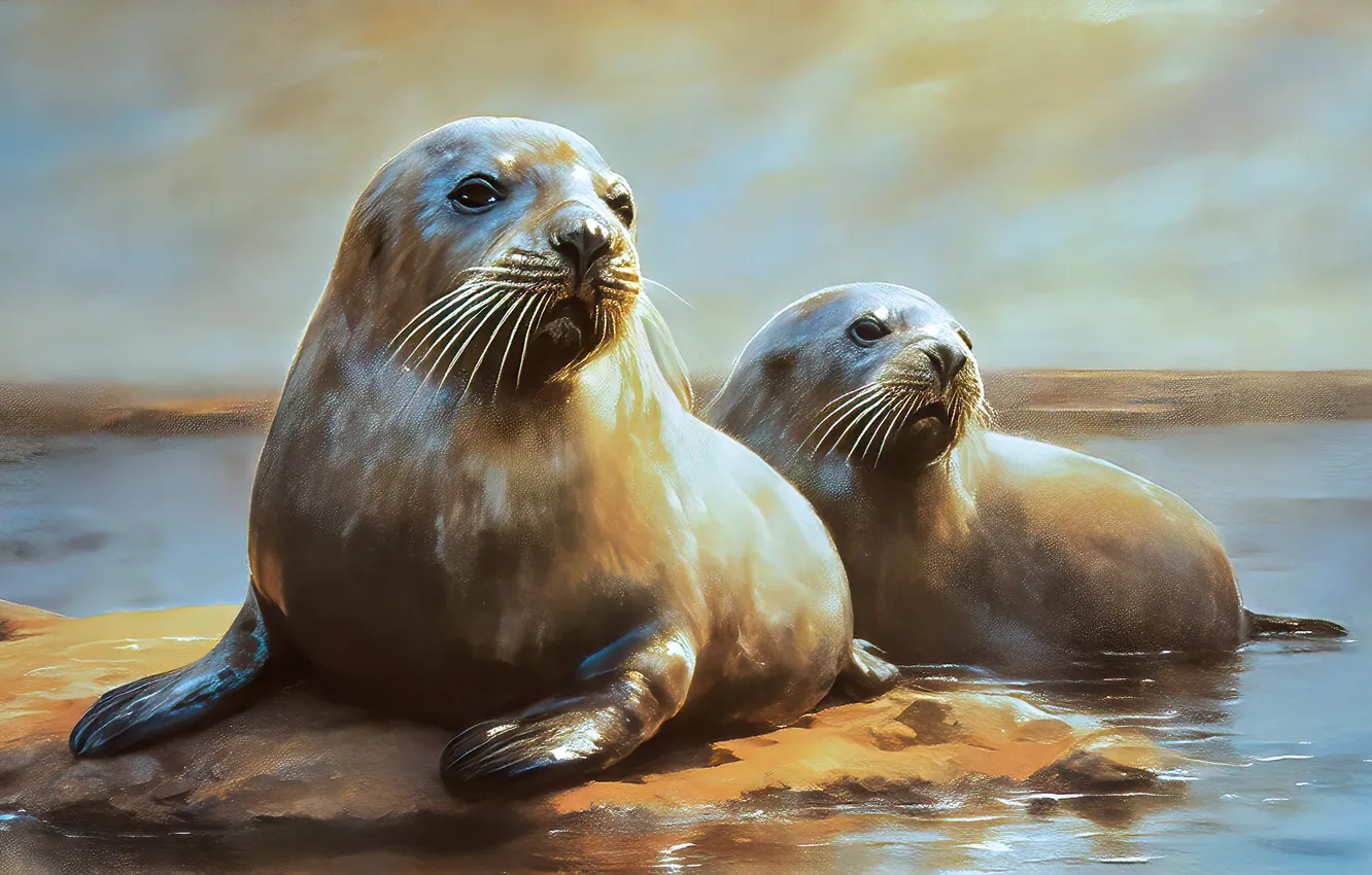 Wallpaper shore, seal, pair, painting, Navy seal, Navy seals, imitation ...