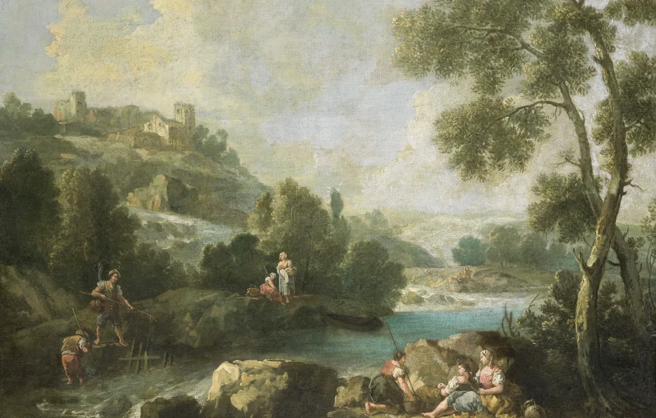 Wallpaper oil, picture, canvas, Landscape with Figures, Giuseppe Zais for mobile and desktop ...