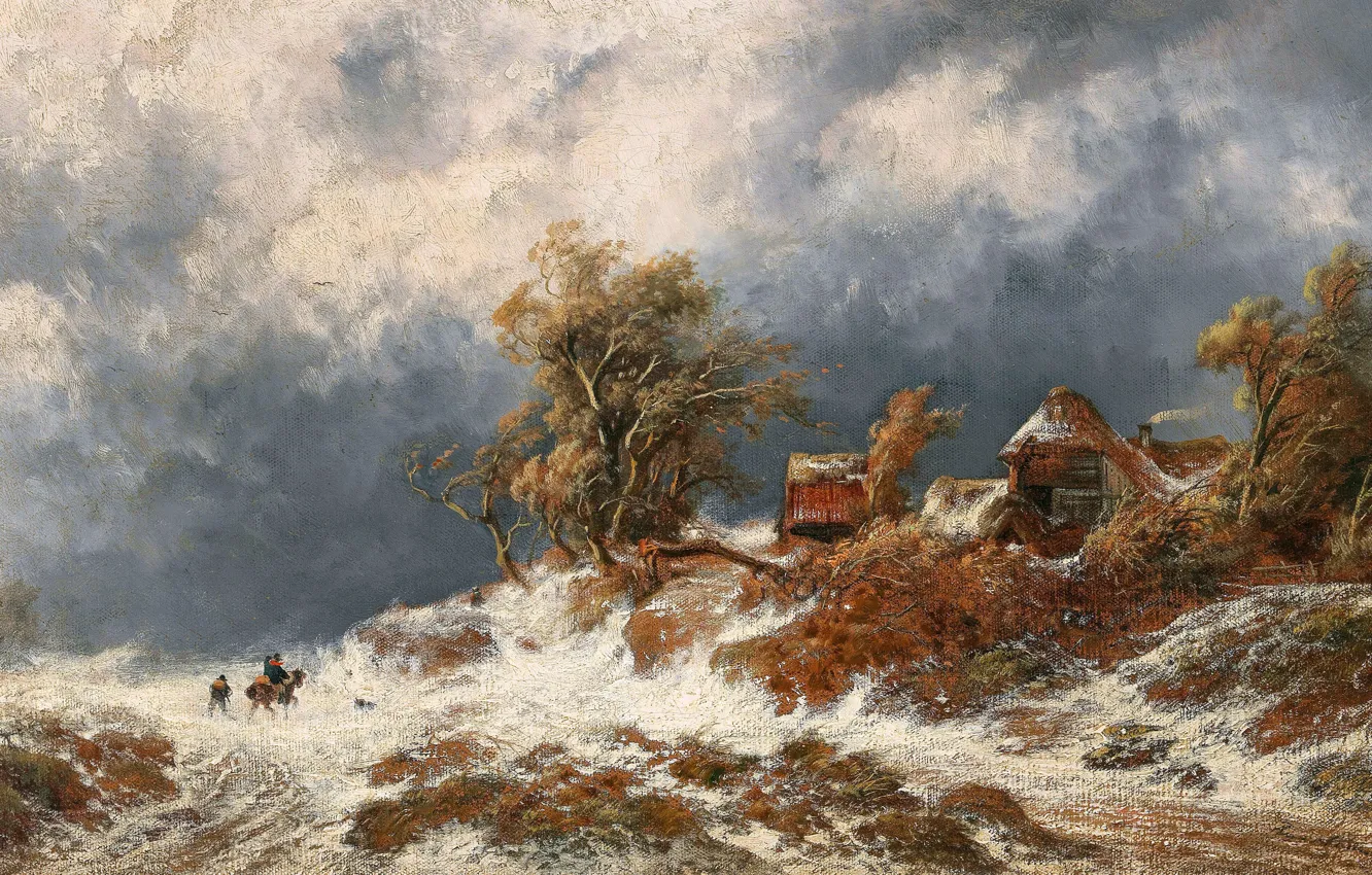 Wallpaper Home, Winter, Trees, Clouds, Rider, Remigius Adrianus Van ...