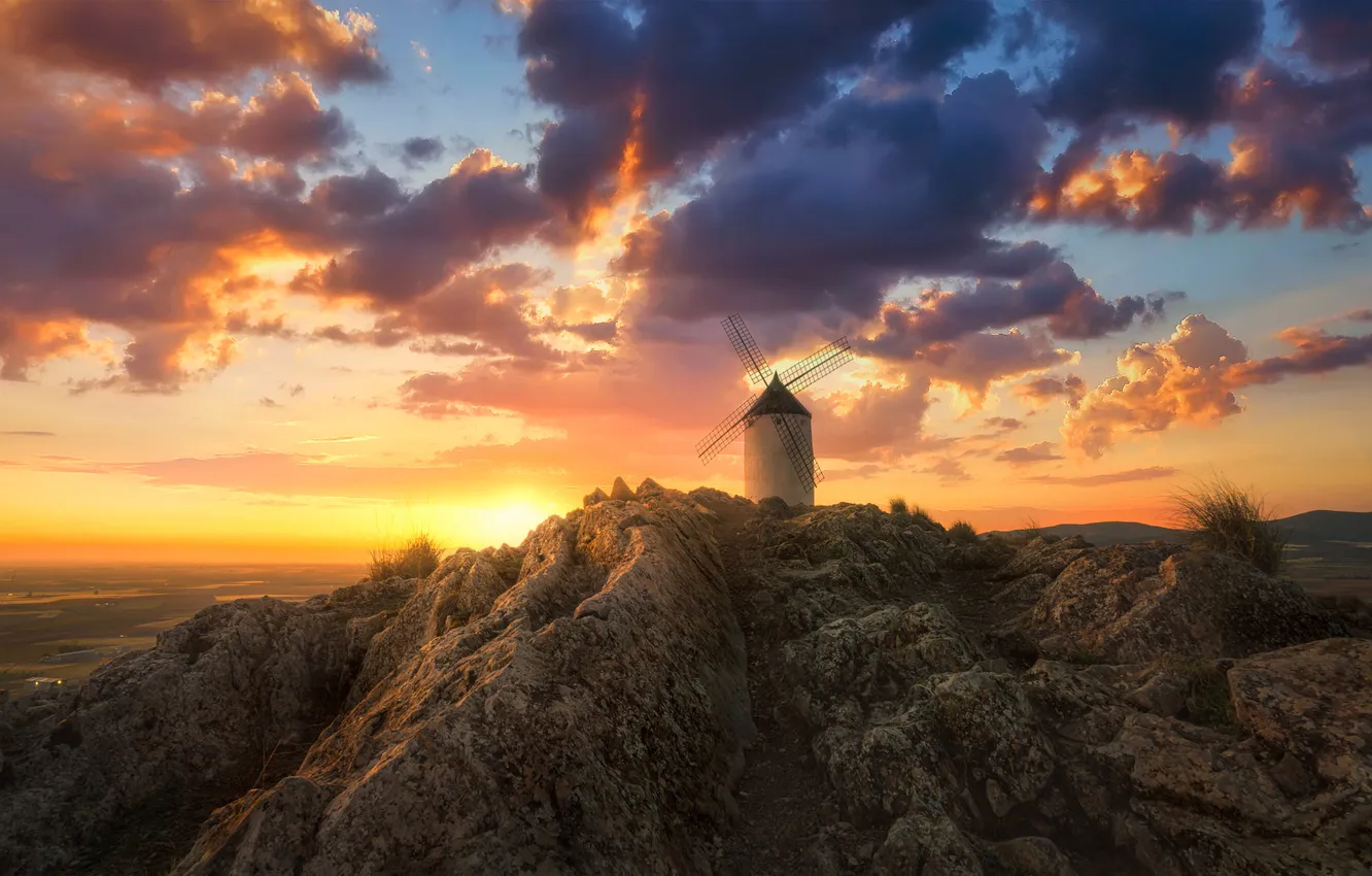 Wallpaper the sky, clouds, mountains, rocks, dawn, height, windmill for ...