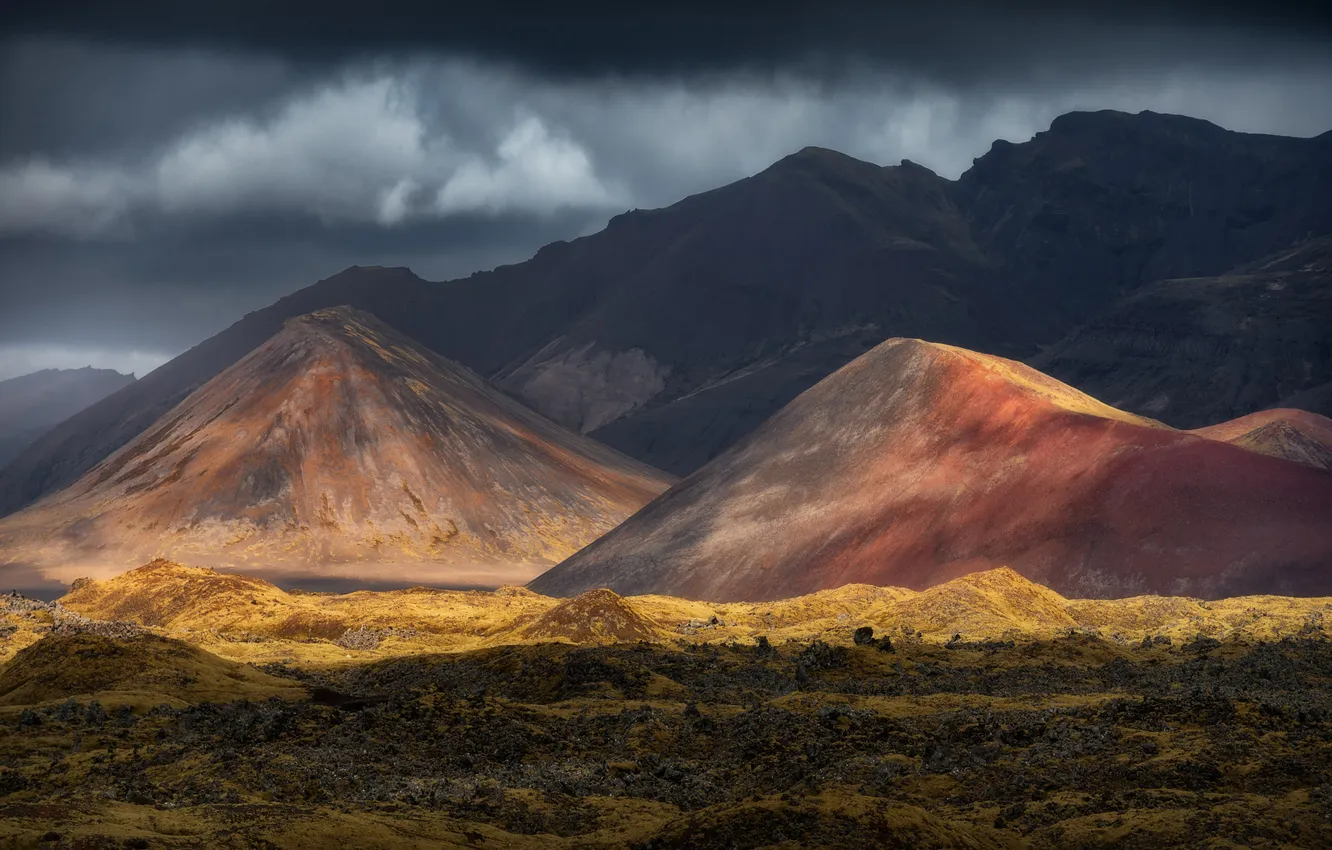 Wallpaper field, light, mountains, clouds, rocks, hills for mobile and ...