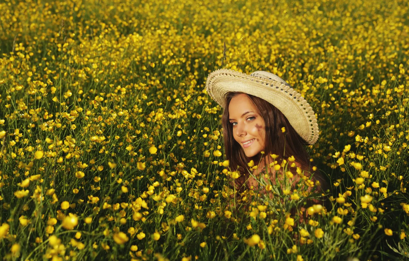 Wallpaper field, flowers, nature, model, hat, Katya Clover for mobile ...