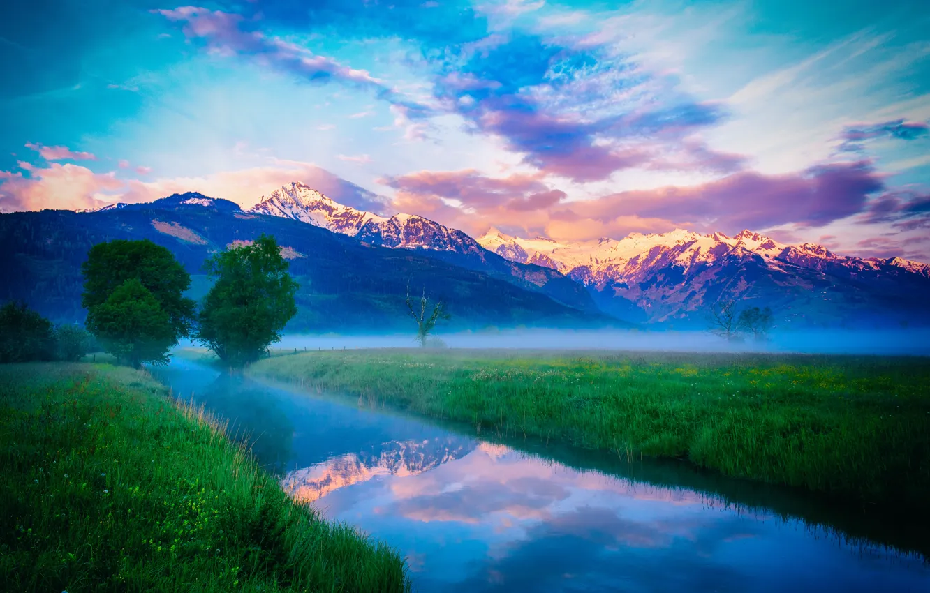 Wallpaper landscape, mountains, nature, fog, river, dawn, morning ...