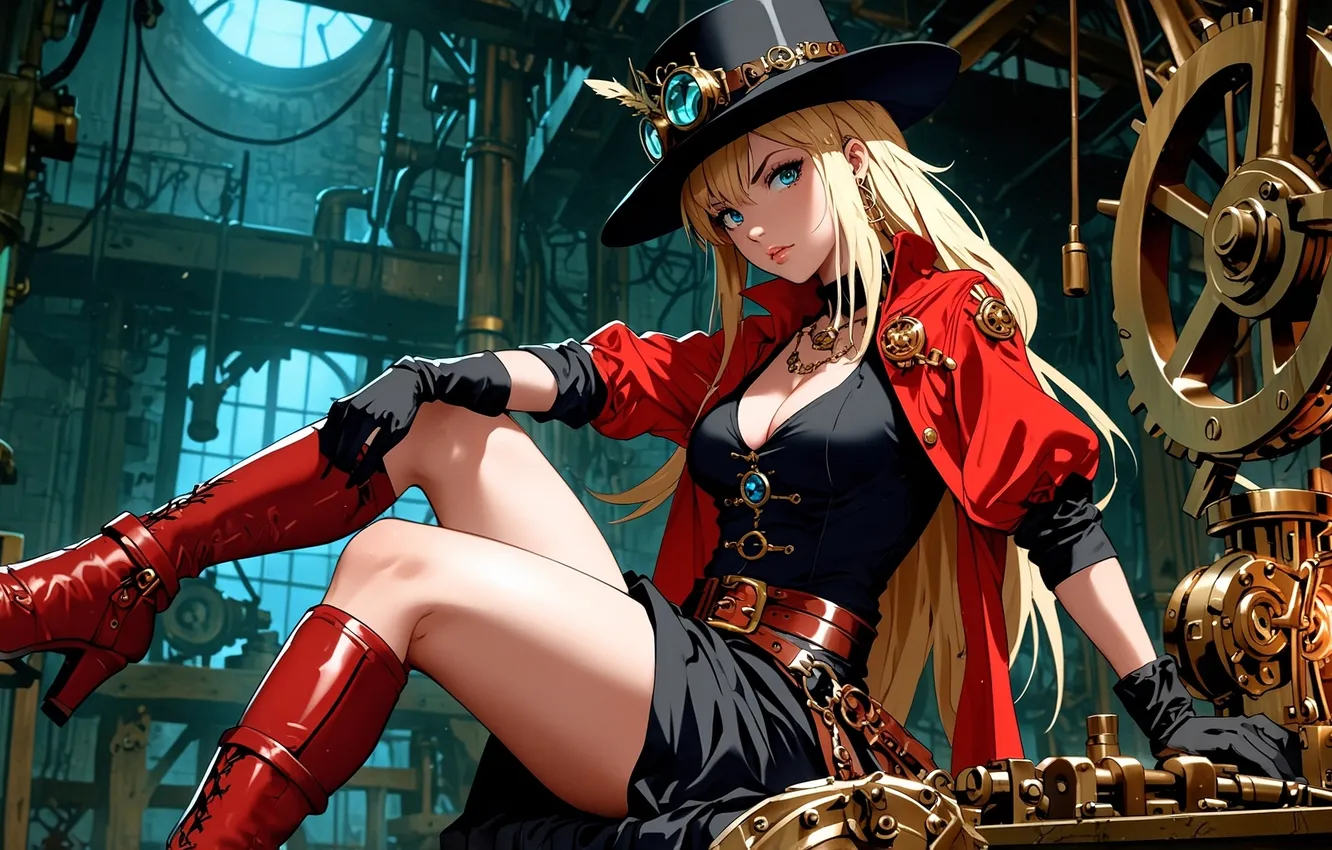 Wallpaper girl, fantasy, hat, blue eyes, gears, blonde, digital art, artwork for mobile and ...