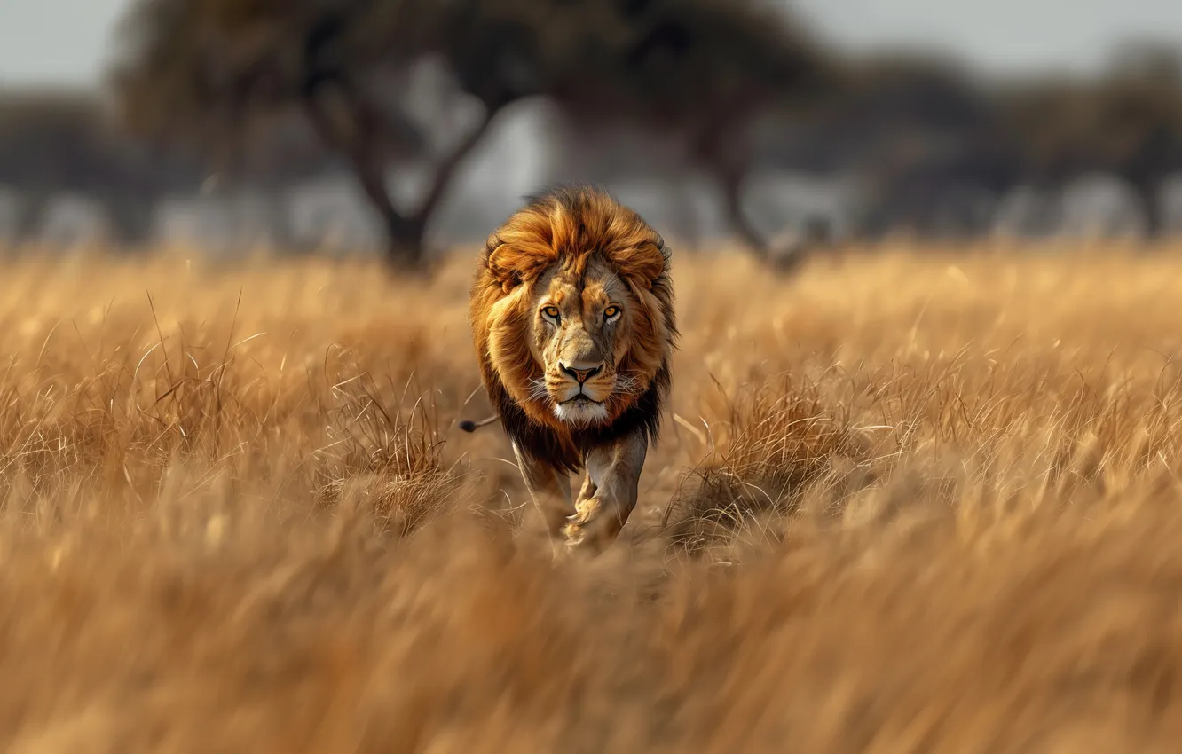 Wallpaper grass, predator, Leo, front, big cat, digital art, AI art ...