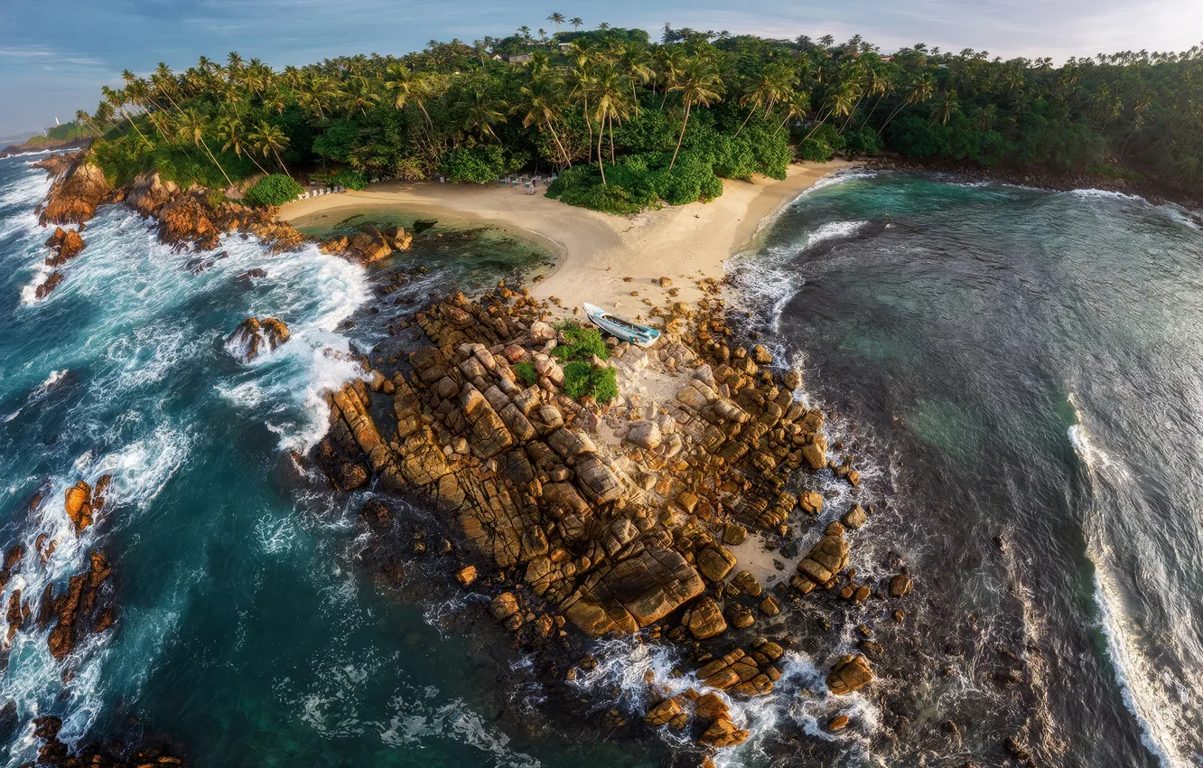 Wallpaper green, beach, sea, coast, rocks, sand, surf, boat for mobile ...