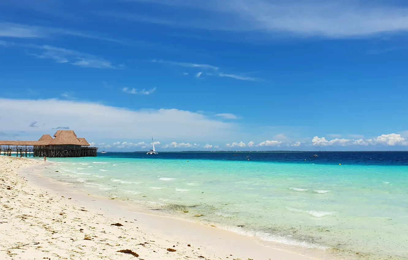Wallpaper sand, beach, the sky, clouds, the ocean, catamaran, Zanzibar ...