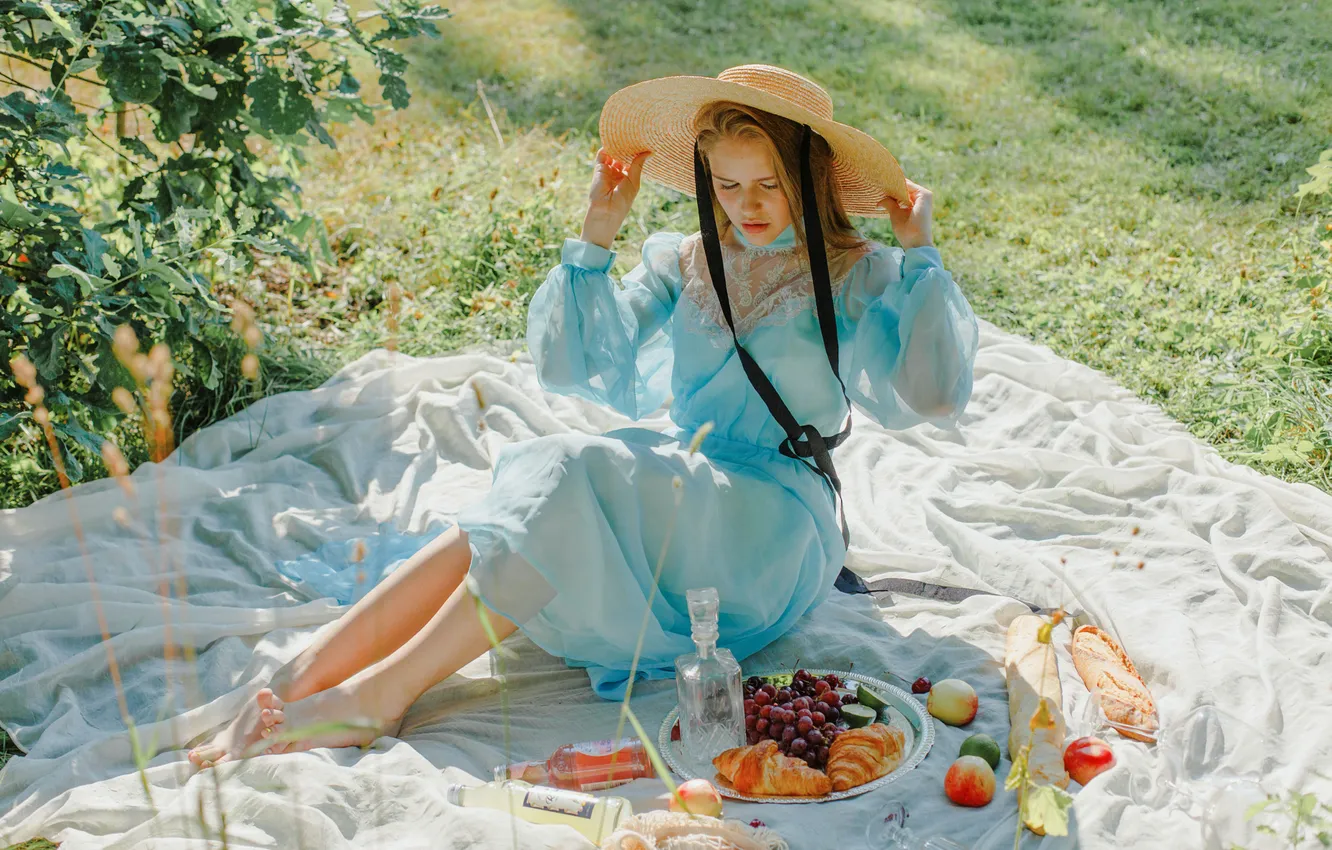 Wallpaper summer, girl, light, nature, pose, feet, glade, bottle for ...