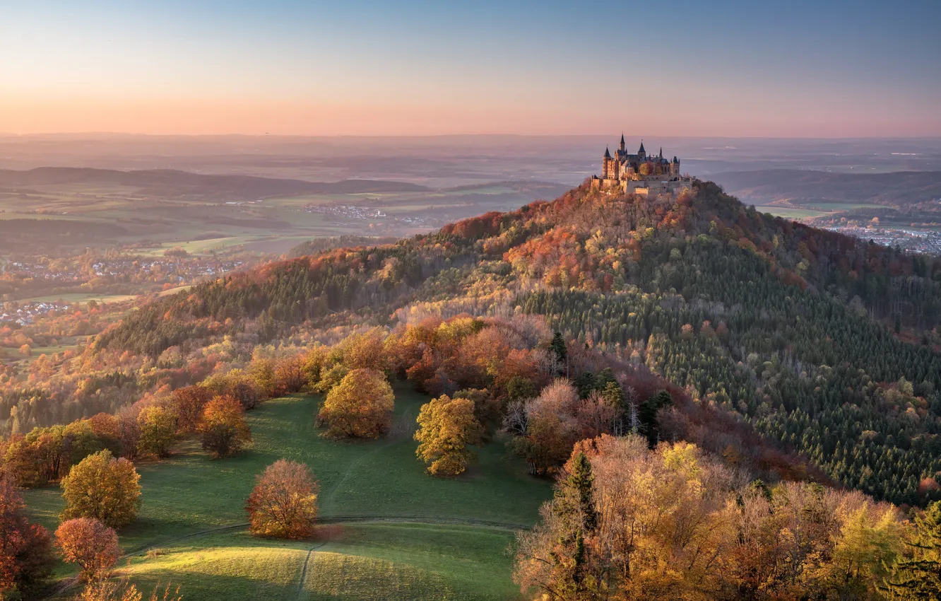 Wallpaper autumn, forest, mountains, castle, Germany, valley, panorama ...