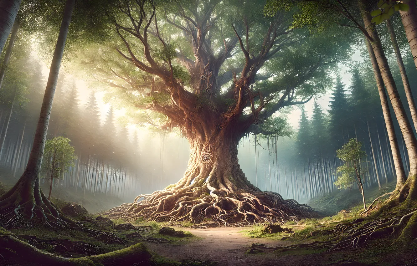 Wallpaper forest, trees, roots, branch, fantasy, tumae, AI art, neural ...