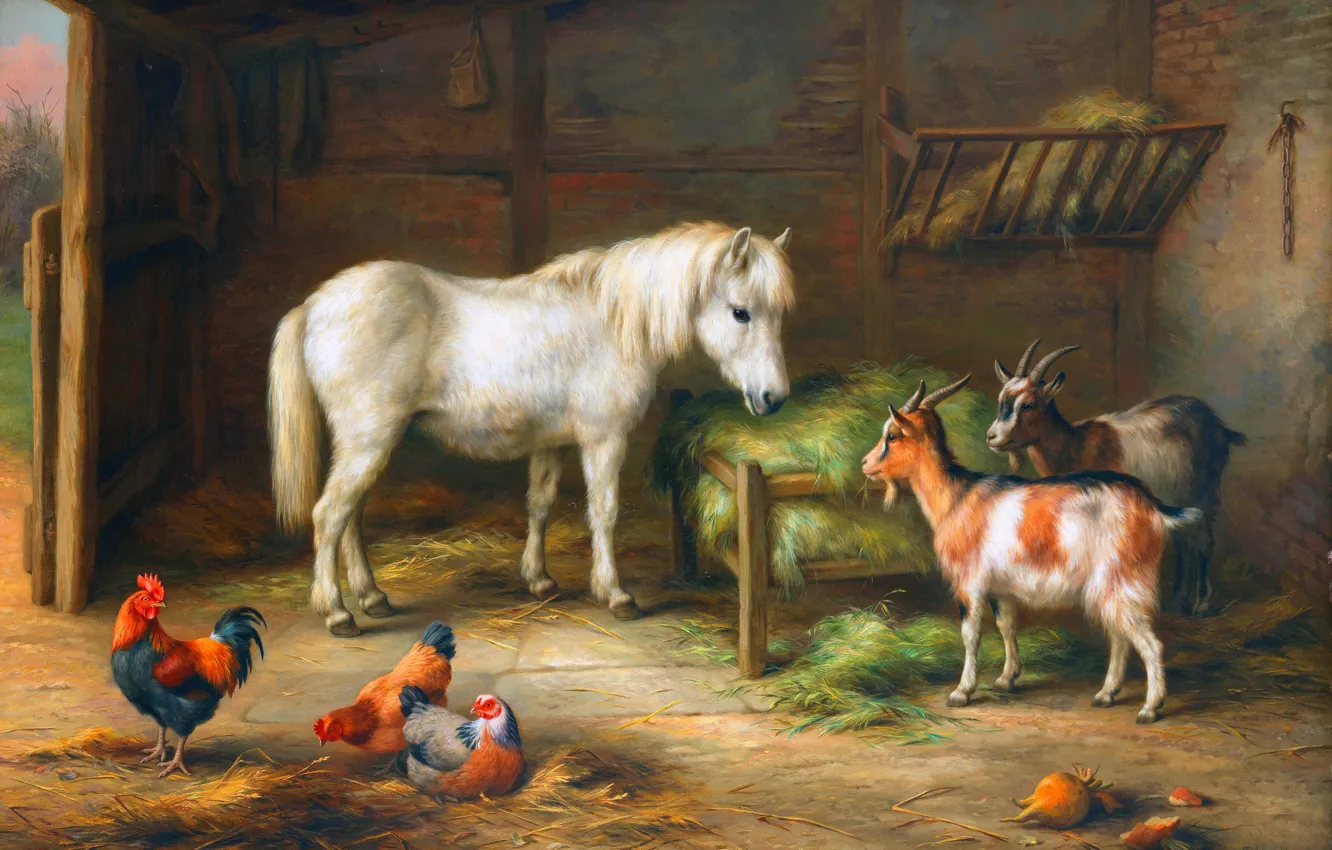 Wallpaper Horse, Picture, Cock, Goats, Edgar Hunt, Edgar Hunt, Comrades ...