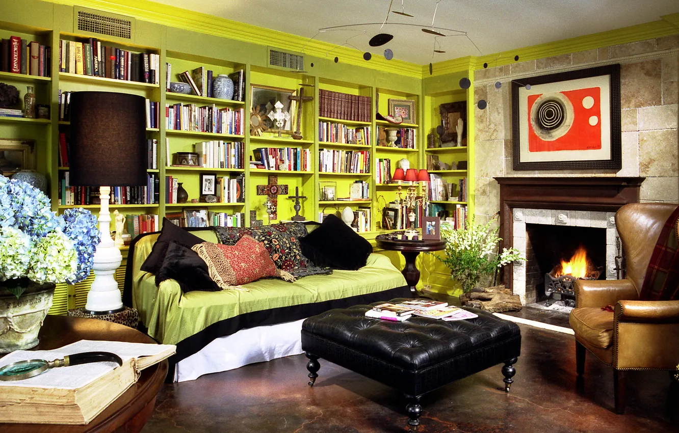 Wallpaper design, style, room, interior, Italy, fireplace, library ...