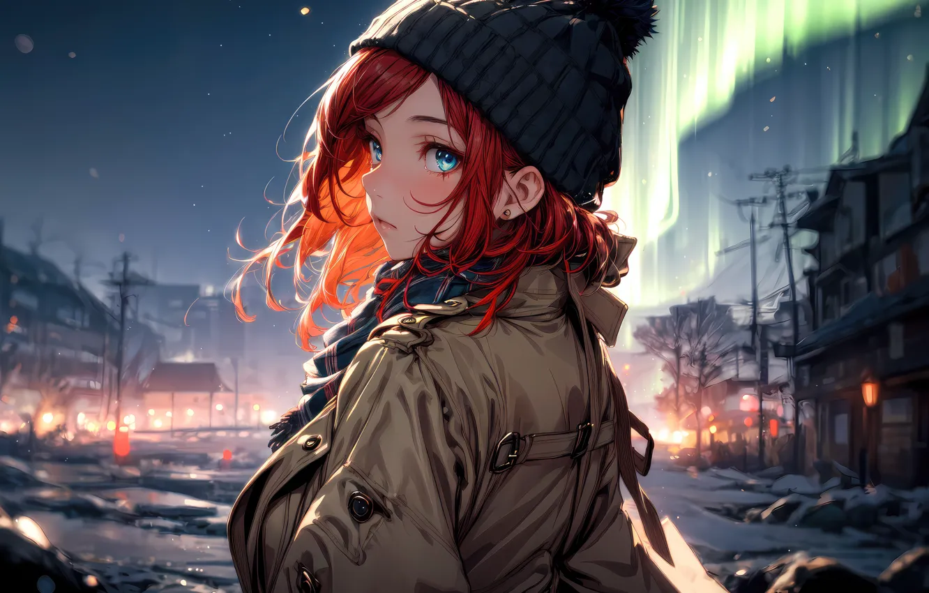 Wallpaper winter, snow, anime, town, anime, winter, snow, digital art ...
