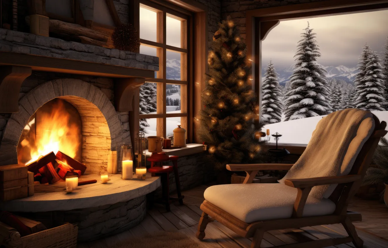 Wallpaper winter, snow, comfort, room, window, fireplace, winter, snow ...